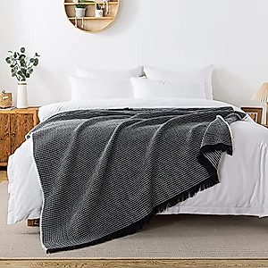 R.SHARE Soft Knit Waffle Throw Blanket for Couch Bed with Tassel, Thin Knitted Lightweight Cozy Woven for Sofa Travel, Cute Women Men, Big Twin Size, 60x80 inches, Black and White