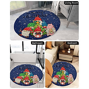 Winter Gnomes Fluffy Round Area Rug Carpets 3ft, Plush Shaggy Carpet Soft Circular Rugs, Non-Slip Fuzzy Accent Floor Mat for Living Room Bedroom Nursery Home Decor Christmas Snowflake Flower Navy Blue