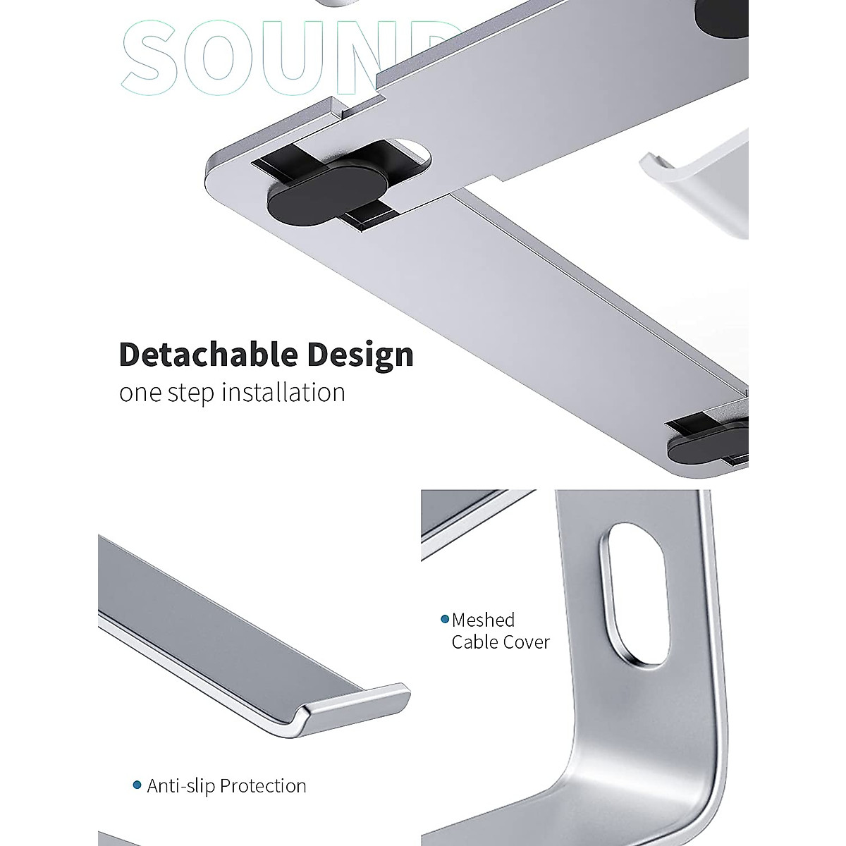 SOUNDANCE Laptop Stand, Aluminum Computer Riser, Ergonomic Laptops Elevator for Desk, Metal Holder Compatible with 10 to 15.6 Inches Notebook Computer, Silver