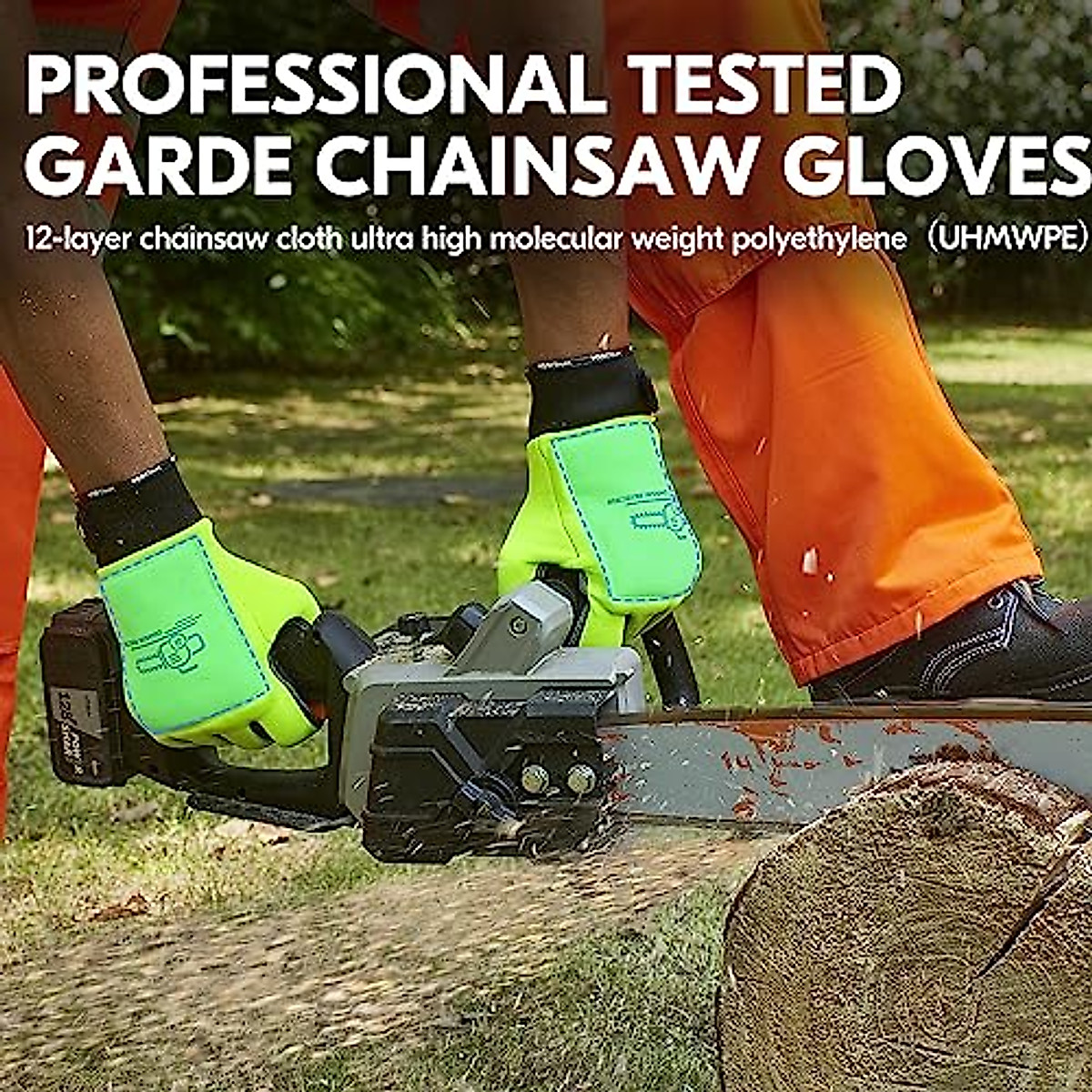 Vgo... Chainsaw 12-Layer Saw Protection on Both Hands Cow Leather Gloves (1 Pair,Size L, Hi-Viz Green, CA9760)