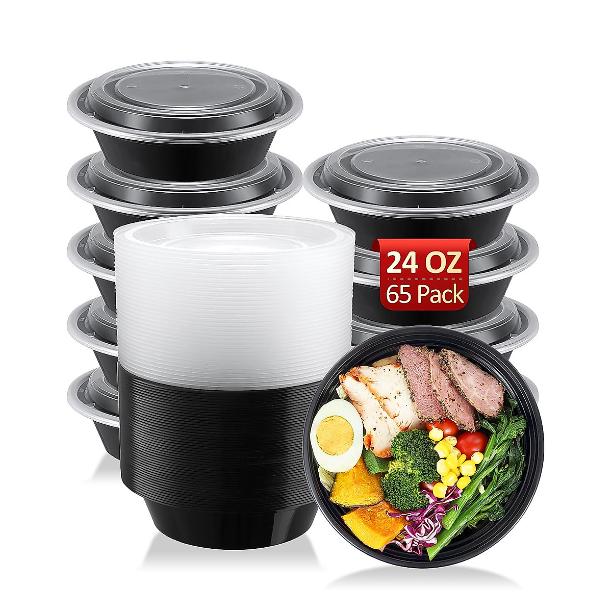SHOPDAY Meal-Prep-Containers-65 Pack 24 oz Plastic-Food-Storage-Containers-with-Lids, Disposable-Food-Prep-Containers-Microwave-Safe, Meal-Prep-Bowls-Reusable, To-Go-Contianers-for-Lunch