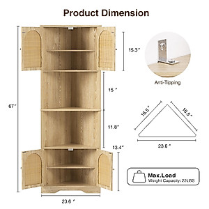 FiveWillowise 67''H Tall Corner Cabinet with Handmade Rattan Door, Rattan Storage Cabinet with Adjustable Shelves, Corner Bookshelf Space Saver for Barthroom, Kitchen, Natural
