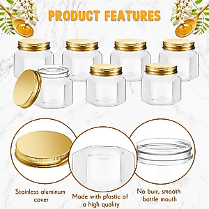Dandat 50 Pcs 3 oz Hexagon Plastic Jars with Lids Mini Honey Jars Wide Mouth Canning Jars Small Spice Jars for Party Wedding Favors, Baby Shower, DIY Gift, Jelly, Herb, Jams, Candy (Gold)