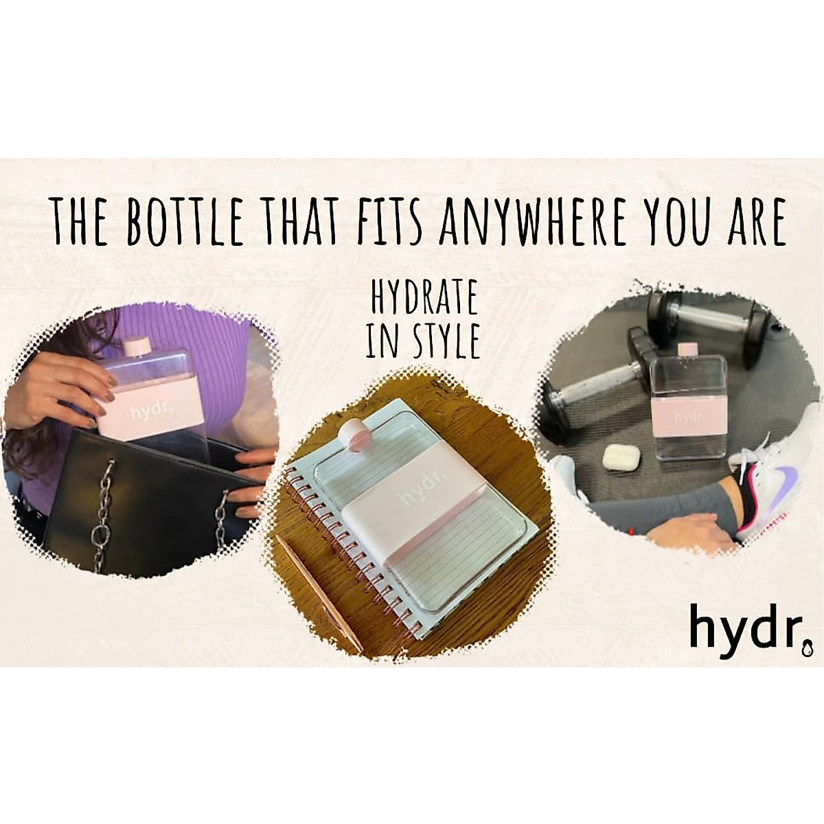 hydr | 15oz Flat Water Bottle For Purse & Flexible Cleaning Brush | BPA Free Square Water Bottle | Leak/Drop Proof Slim Water Bottles For Travel, small water bottle