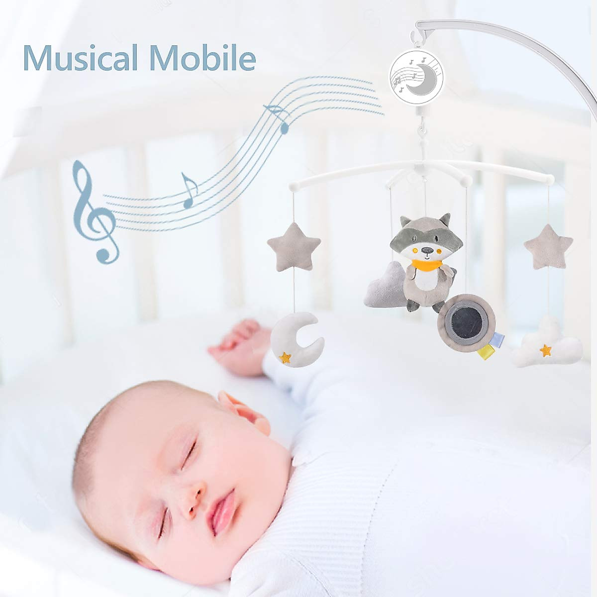 Baby Musical Crib Mobile Toys with Rotation, Raccon Clouds and Stars Sooth Pendant Toy,Wind-up Music Box Design,Nursery Decoration Gift for Newborn Boys and Girls