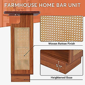 Tribesigns Rattan Home Bar Unit, Farmhouse 4-Tier Bar Table with 4 Stemware Racks and Heightened Base, Liquor Wine Bar Cabinet Mini Bar Table for Home Pub, Caramel Brown