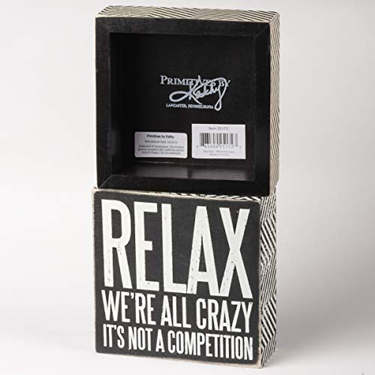 Primitives by Kathy 25172 Pinstriped Trimmed Box Sign, 5 by 5-Inch, Relax We're All Crazy