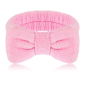 Molain Bowknot Hairband for Women, Coral Fleece Elastic Headband for Washing Face Shower Sports Beauty Skincare (Pink, 1 Count)
