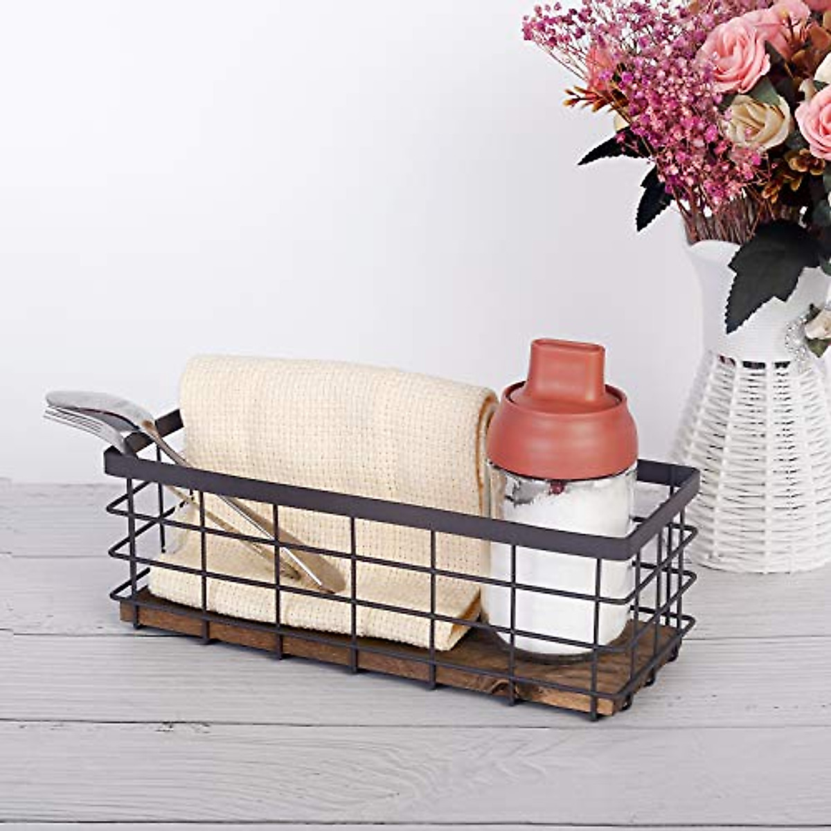 TIEYIPIN [2 Set] Small Metal Wire Storage Basket (Brown) & Toilet Tank Basket (Black)