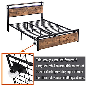 Anwick Queen Bed Frame with Storage Headboard and 2 Drawers, LED Lights Bed with Charging Station, Metal Platform, Non-Slip Without Noise, Metal Slats Support, No Box Spring Needed (Brown, Queen)