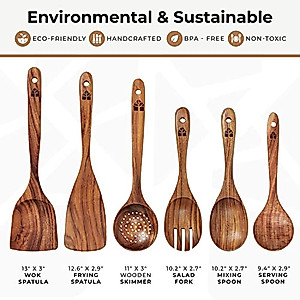 Wooden Spoons for Cooking – Wooden Kitchen Utensils Set, 6 Pcs Teak Wood Utensil Set – Comfortable Grip Non–Stick Wooden Cooking Utensils – Nonstick Natural and Healthy Kitchen Cookware