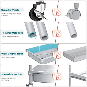 SPACEKEEPER Rolling Storage Cart, 4-Tier Bathroom Organizer Utility Cart Laundry Room Organization Mobile Shelving Unit with Towel Rack, Lockable Wheel, Hooks & Cup for Kitchen Bedroom Office, Grey