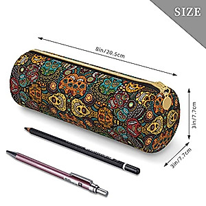 DCARSETCV Colorful Sugar Skulls Pencil Case Cute Pen Case Cylinder Leather Pencil Pouch Office Pencil Box Bag Gifts For Adults Teen School Girls Boys