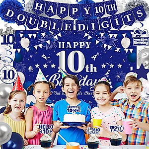 10th Birthday Decorations for Boys Girls, Blue Silver Happy 10th Double Digits Party Decorations, Happy 10th Birthday Backdrop, Banner, Balloon, Hanging Swirl, Birthday Card, Cake Topper, Pompom 57pcs