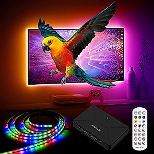 Fagomfer Immersion TV Backlight with HDMI 2.0 Sync Box, Kwumsy TV LED Lights That Sync with TV Real-time Ambient Lighting Strips for 40-55 Inch TV, 15 Lighting Modes/4 HDMI Inputs/Handy Remote Contro