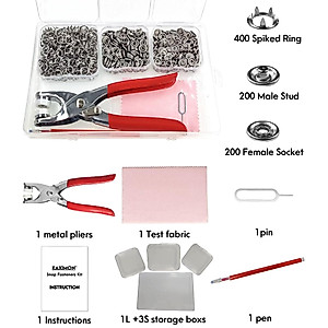 KAXIMON Snap Fasteners Kit 200 Sets, 9.5mm Fabric Snaps Clothing Snaps No Sewing,Stainless Steel Button Snaps with Snap Pliers for Metal Snaps, Press Studs Snap Fasteners Tool Kit for Fabric