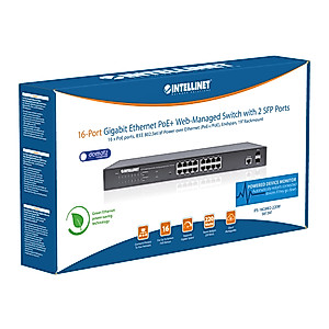 Intellinet 16 Port Gigabit Managed PoE Switch - POE Power Budget of 220W, 2 SFP Slots, Self-Healing, IPv4/v6, 19" Rackmount –3 Yr Mfg Warranty- 561341