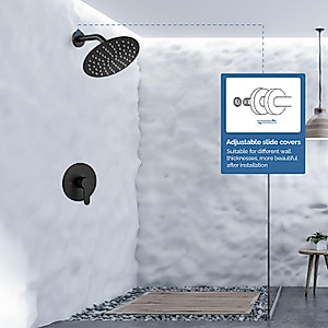 Airuida Matte Black Single Function Shower Trim Kit Shower Faucet Set Wall Mount 8 Inch Round Rainfall Shower Head and Handle Set Single Handle Shower System Set with Female Threads Rough-in Valve