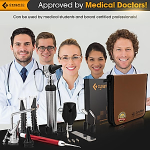 CynaMed ENT Diagnostic Kit - Ear, Nose, Throat Examination Instruments Set - Otoscope, Opthalmoscope, Earwax Remover, Nasal Dilator, Speculum, LED Lights, Mirrors, Replacement Tips, Leather Carry Bag