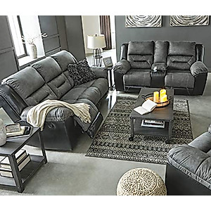 Signature Design by Ashley Earhart Faux Leather Manual Double Reclining Loveseat with Storage Console, Gray & Black