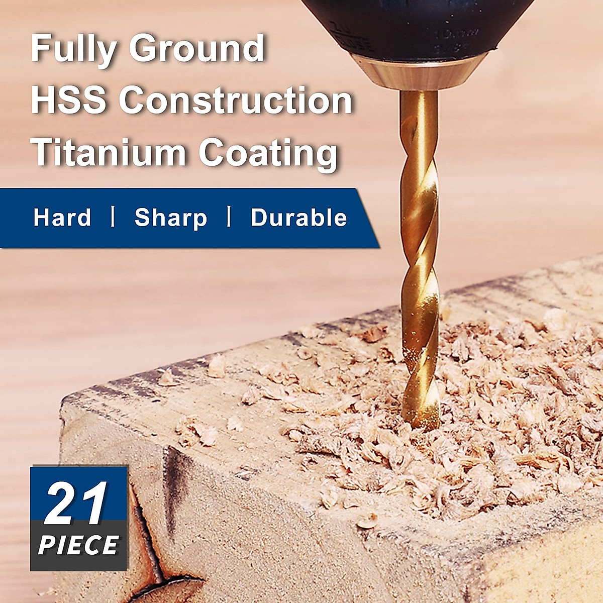 COMOWARE Drill Bits Set - 21 Pcs Titanium Drill Bits for Metal Steel, Wood, Plastic, Straight Shank, 1/16"-1/2"