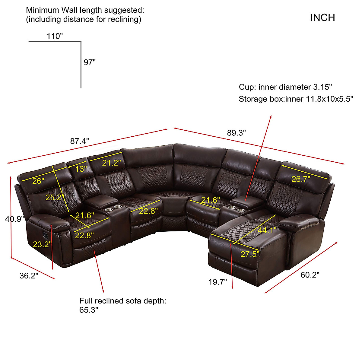 DHHU Living Room Leather Motion Sectional Sofa, PU L Shape Symmertrical Reclining Couch with Cup Holder and Storage Box, Leathaire Corner Couches Modern Reclining Sofá, Brown