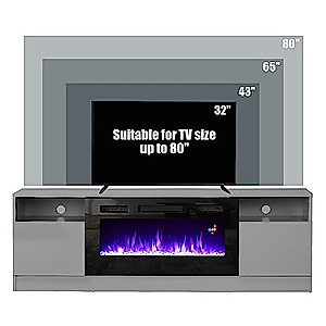 AMERLIFE TV Stand with Fireplace, LED Light Entertainment Center with 36" Electric Fireplace, 70" Modern Wood Entertainment Stand with Highlight Storage Cabinet for TVs up to 80", Grey