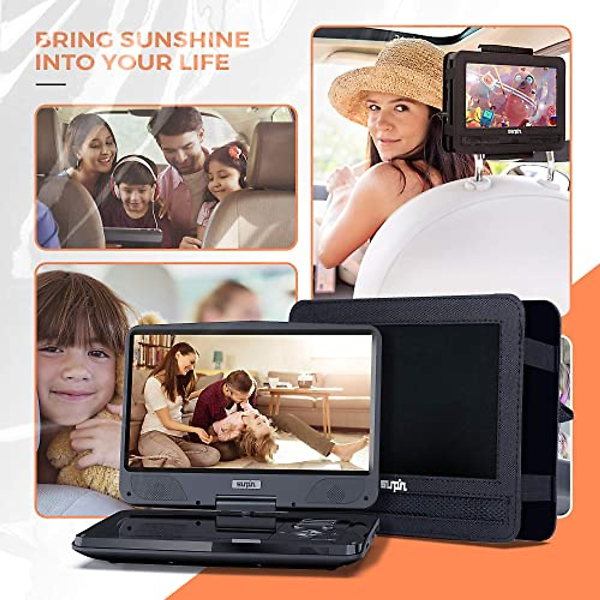 12.5" Portable DVD Player with 10.5" Swivel HD Screen, 5-Hour Rechargeable Battery, Dual Headphone Jacks, Car Headrest Case, Car Charger, Region Free, Support USB/SD Card/Sync TV/Multiple Disc Formats