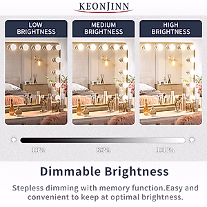 Keonjinn Gold Vanity Mirror with Lights, 15 Replaceable Bulbs Hollywood Makeup Mirror with 2 Replacement Bulbs, 3 Color Lights, Aluminum Metal Frame, USB Charging Port, 23" x 18" Large Lighted Mirror