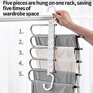 Pants Hangers Space Saving-2 Pack Stainless Steel Multifunctional Uses Rack Organizer-5 Tier No Slip Collapsible Pant Rack for Pants,Jeans,Scarf,Trouser,Towel,Clothes