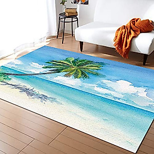 Large Rectangular Area Rugs 3' x 5' Living Room, Hand Painted Tropical Plants Coconut Tree Beach Blue Sky White Clouds Durable Non Slip Rug Carpet Floor Mat for Bedroom Bedside Outdoor