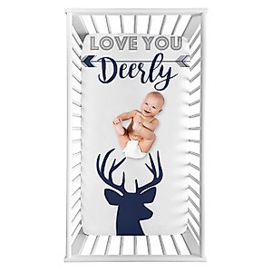 Sweet Jojo Designs Woodland Deer Boy Fitted Crib Sheet Baby or Toddler Bed Nursery Photo Op - Navy Blue and White Stag