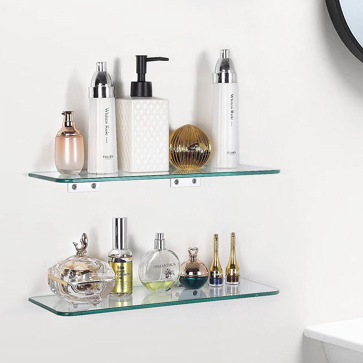 Koilria Glass Shelves, Glass Shower Shelves for Bathroom Tempered Glass Floating Shelves for Wall with Aluminum Brackets, 2 Tiers, 15 x 5 Inches, Drill or No Drill Install