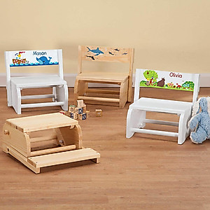 Fox Valley Traders Personalized Children's 2-in-1 Step Stool and Chair, White Wood, Butterfly & Flower Design with Custom Name