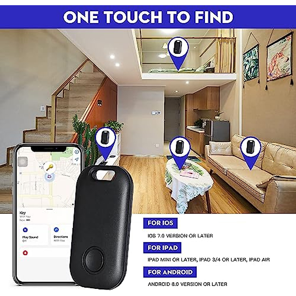 Key Finder Locator with Sound Bluetooth Tracker with Keys Chain and Key Locator for Keys Bags Wallets Pet and More Anti-Lost Device Compatible with Apple Find My Keys App (4 Pack, Black)