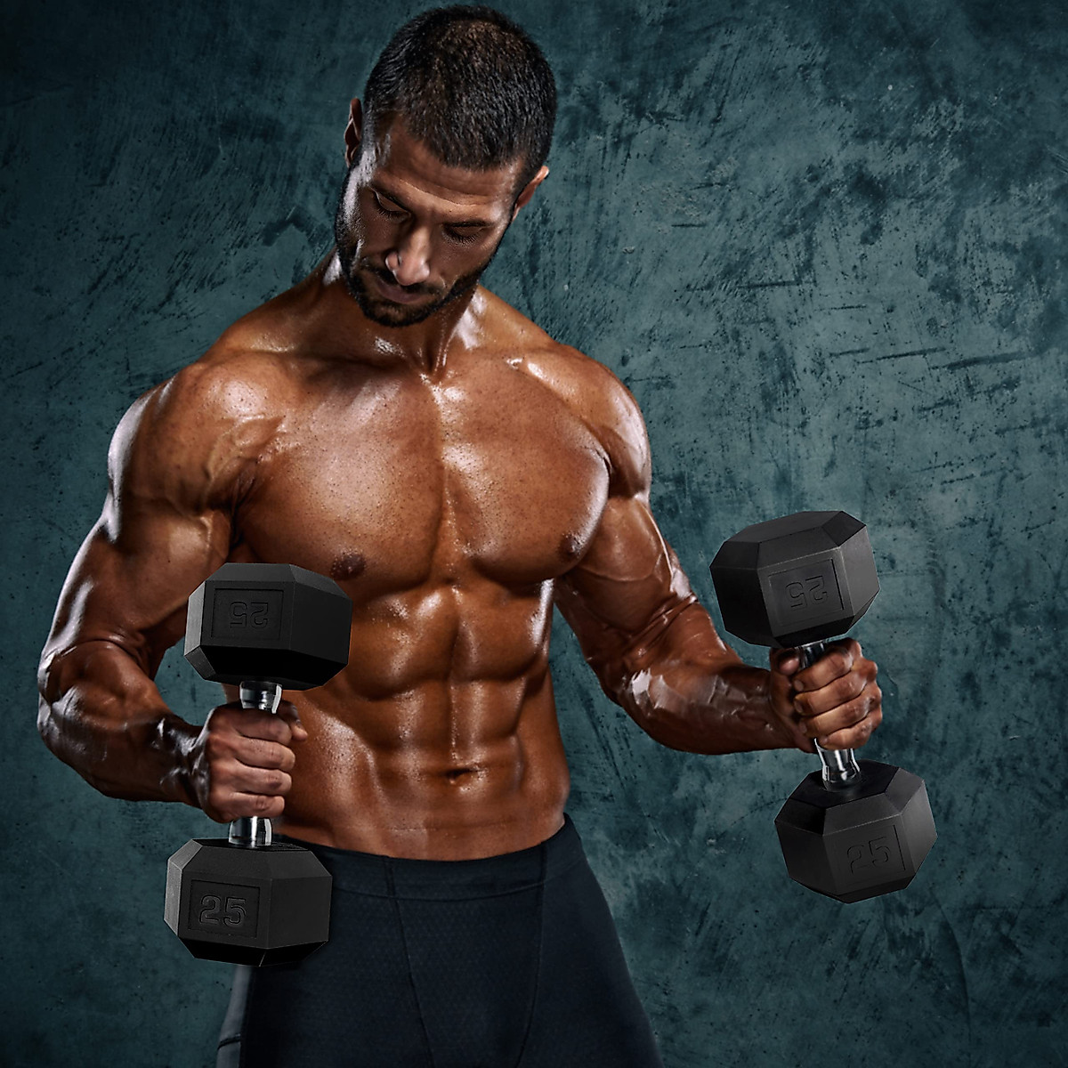 WF Athletic Supply 5-25Lb Rubber Coated Hex Dumbbell Set with Two Tier Storage Rack Non-Slip Hex Shape for Muscle Toning, Strength Building & Weight Loss, Black Rack, Contour Handle