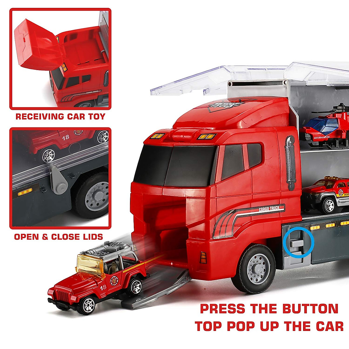 19 Pcs Fire Truck with Firefighter Toy Set, Mini Die-cast Fire Engine Car in Carrier Truck, Mini Rescue Emergency Double Side Transport Vehicle for Kid Child Boy Girl Birthday Christmas Party Favors