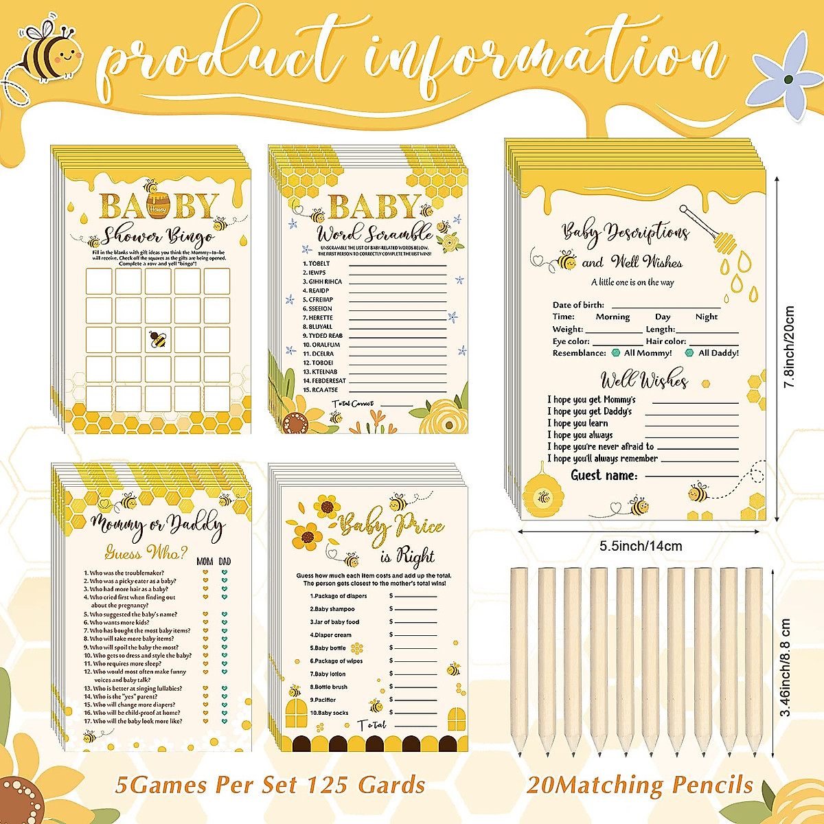 Roowest 145 Pcs Bee Baby Shower Games Gender Neutral Set Includes 125 Pcs 5 Kinds Party Games 20 Pcs Pencils for Honeycomb Bee Baby Shower Party Decorations Favors Gender Reveal Party Supplies