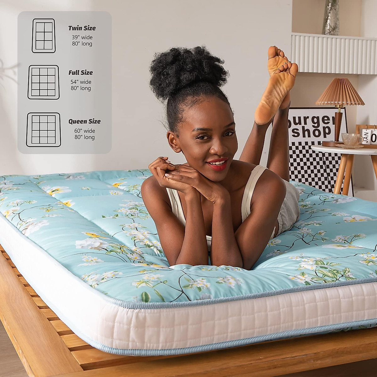 MAXYOYO Rustic Floral Korean Futon Mattress, Japanese Floor Mattress Quilted Bed Mattress Topper, Extra Thick Folding Sleeping Pad Tatami Mat Breathable Floor Lounger Guest Bed for Camping Couch, Full