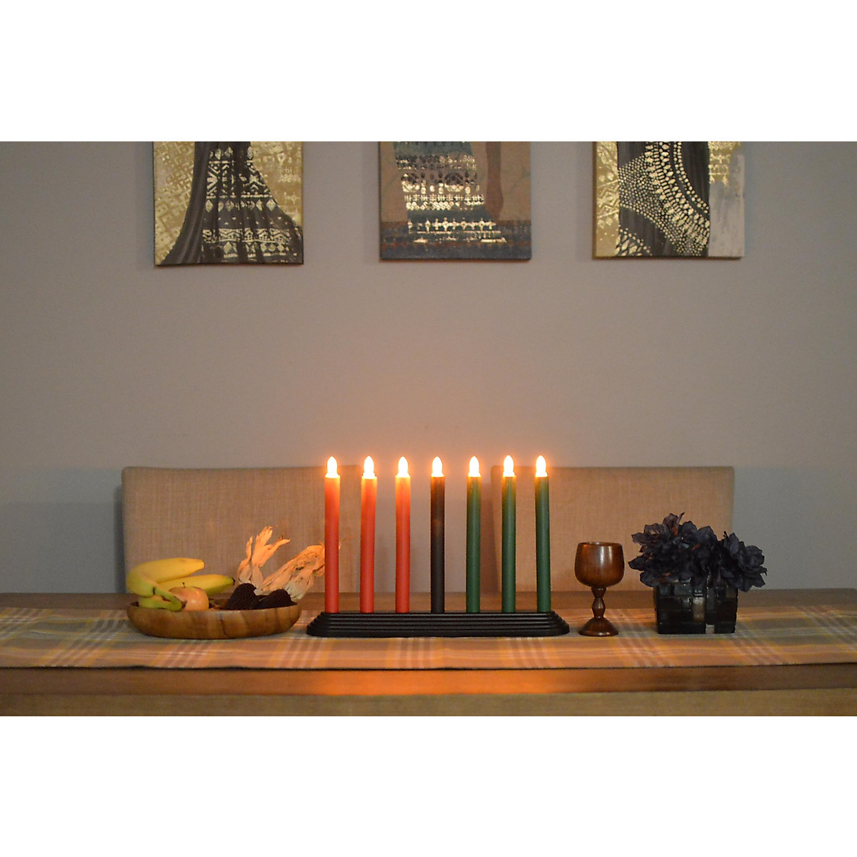 Kwanzaa Kinara Candle Holder Set with Flameless Battery Powered Electric Candles