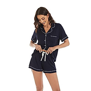 LUBOT Women's Pajamas Set Short Sleeve Button-Down Shirt PJ Pants Two-piece Shorts Set Summer Night Suit Sleepwear Loungewear (Navy Blue, M)