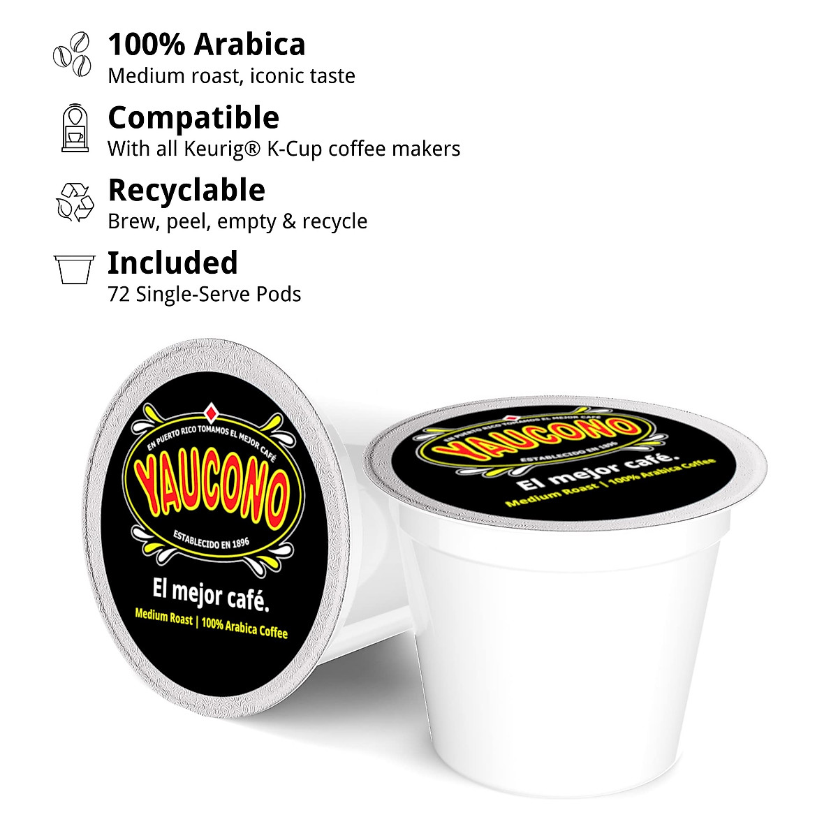 Yaucono Ground Medium Roast Arabica Coffee Single-Serve Pods, 72 Count, Compatible with Keurig K Cup Brewers