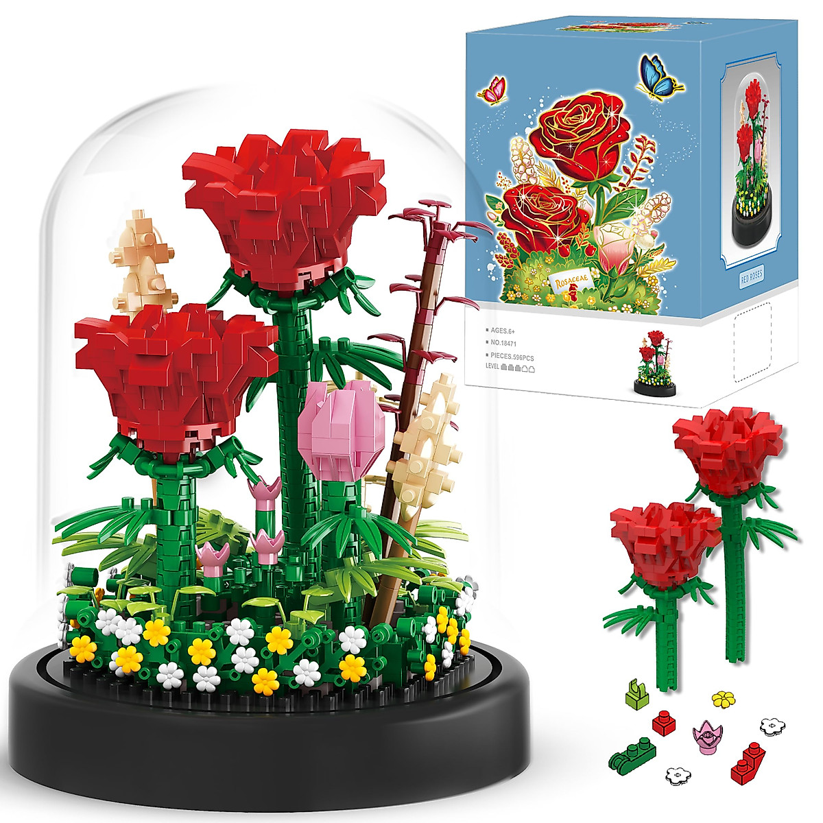 Flower Bouquets Building Sets, 596PCS Red Rose Flower Building Blocks with Dust Cover Forever Rose Home Decor, Birthday Gifts Valentines Day Gifts for Her Women Mom Girlfriend Wife (RED)