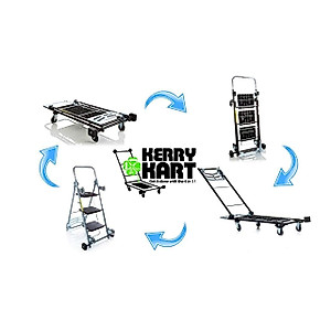 Kerry Kart 4-in-1 Rolling Utility Cart, Trolley and Moving Dolly with Folding 3-Step Ladder – Move Boxes, Furniture and Appliances with 1 Foldable Cart and Step Stool (Red)