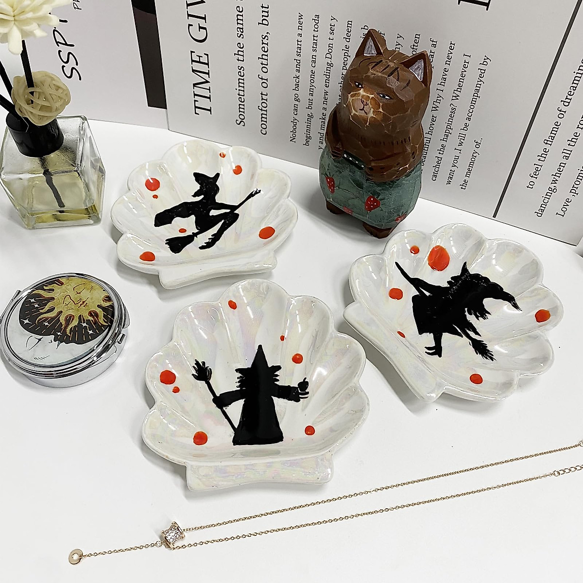 TIGERMILLION Halloween Witch Party Ceramic Jewelry Dish 3pcs, Halloween Witch Theme Decorative Tableware Halloween Holiday Dinner Birthday Party Supplies