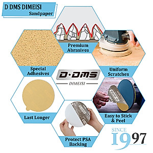 362X - 6 Inch Gold PSA Sanding Discs 80 120 220 320 400 Grit (50 Total, 10 Each), Stick Back Sand Paper for DA Sander, Self Adhesive Sandpaper for Woodworking and Automotive - D DMS DIMEISI