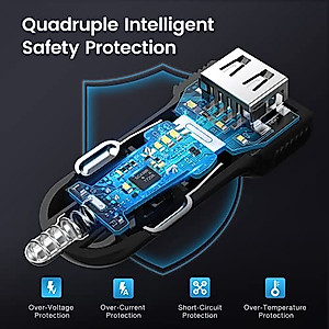 RAMPOW Car Charger 24W/12V 4.8A Dual Cigarette Lighter USB Adapter with Blue LED for iPhone 14/13/12/11/X/8/7/6/5/SE, iPad Pro/Air 2/Mini,Samsung Galaxy S9/S8/S7, Motorola, LG, HTC,Tablet & More-Black