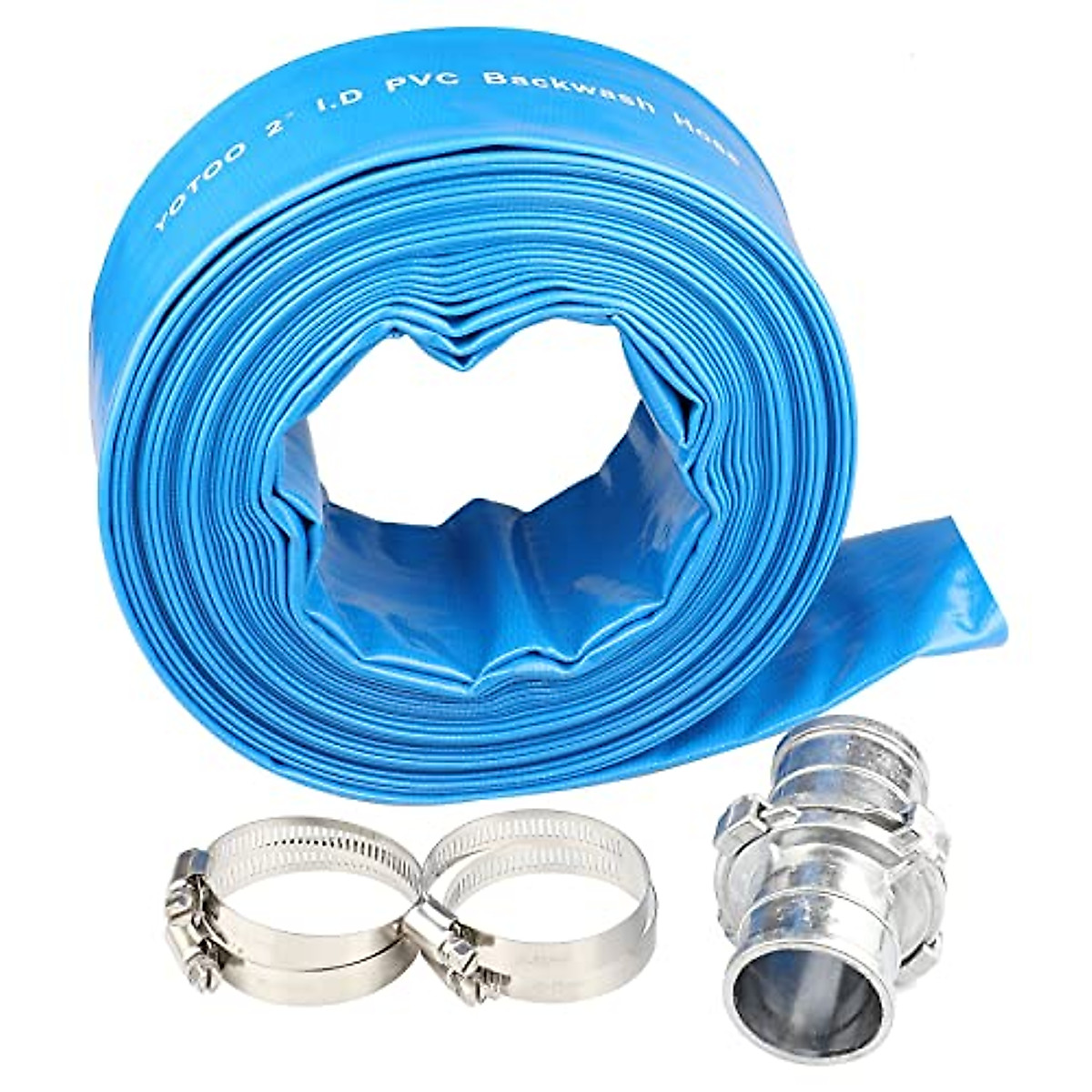 YOTOO Heavy Duty PVC Pool Backwash Hose 2 Inch by 50 Feet, Reinforced Discharge Hose with Connector and 4 Clamps for Swimming Pools, Pool Drain Hoses, Blue
