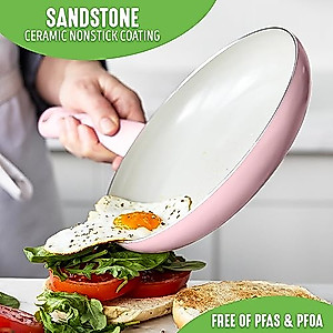 GreenLife Sandstone Healthy Ceramic Nonstick, 15 Piece Kitchen Cookware Pots and Frying Sauce Pans Set, PFAS- Free, Dishwasher Safe, Pink