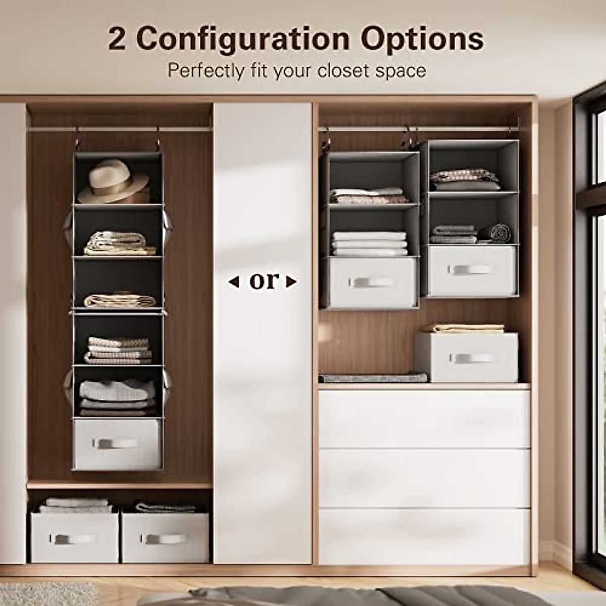 Pipishell Hanging Closet Organizer 6-Shelf, Hanging Shelves for Closet with 3 Removable Drawers & Side Pockets, Hanging Shelf Organizer for Bedroom or Garment Rack